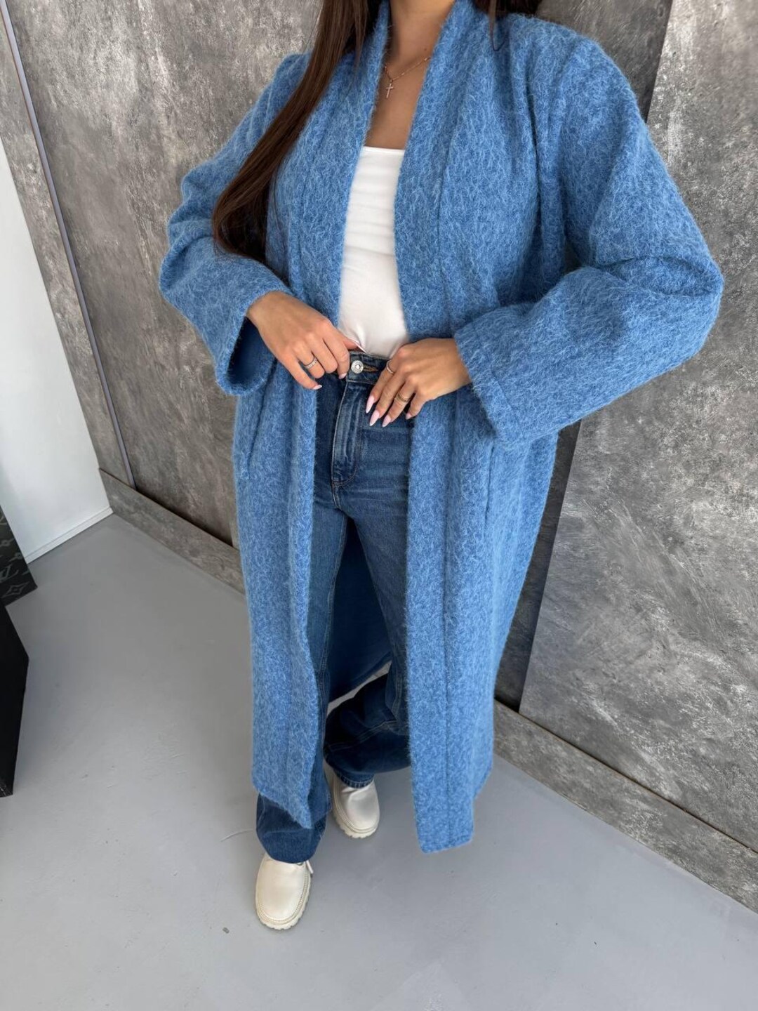 Luxury Alpaca Mohair Long Cardigan | Oversized Blue Coatigan | Premium ...