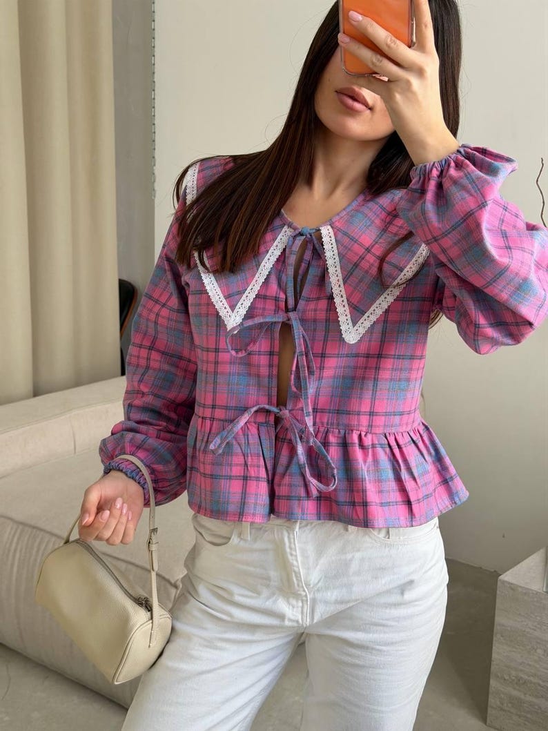 Plaid Cotton Blouse With Lace Collar, Cottagecore Top Women, Tie Front ...