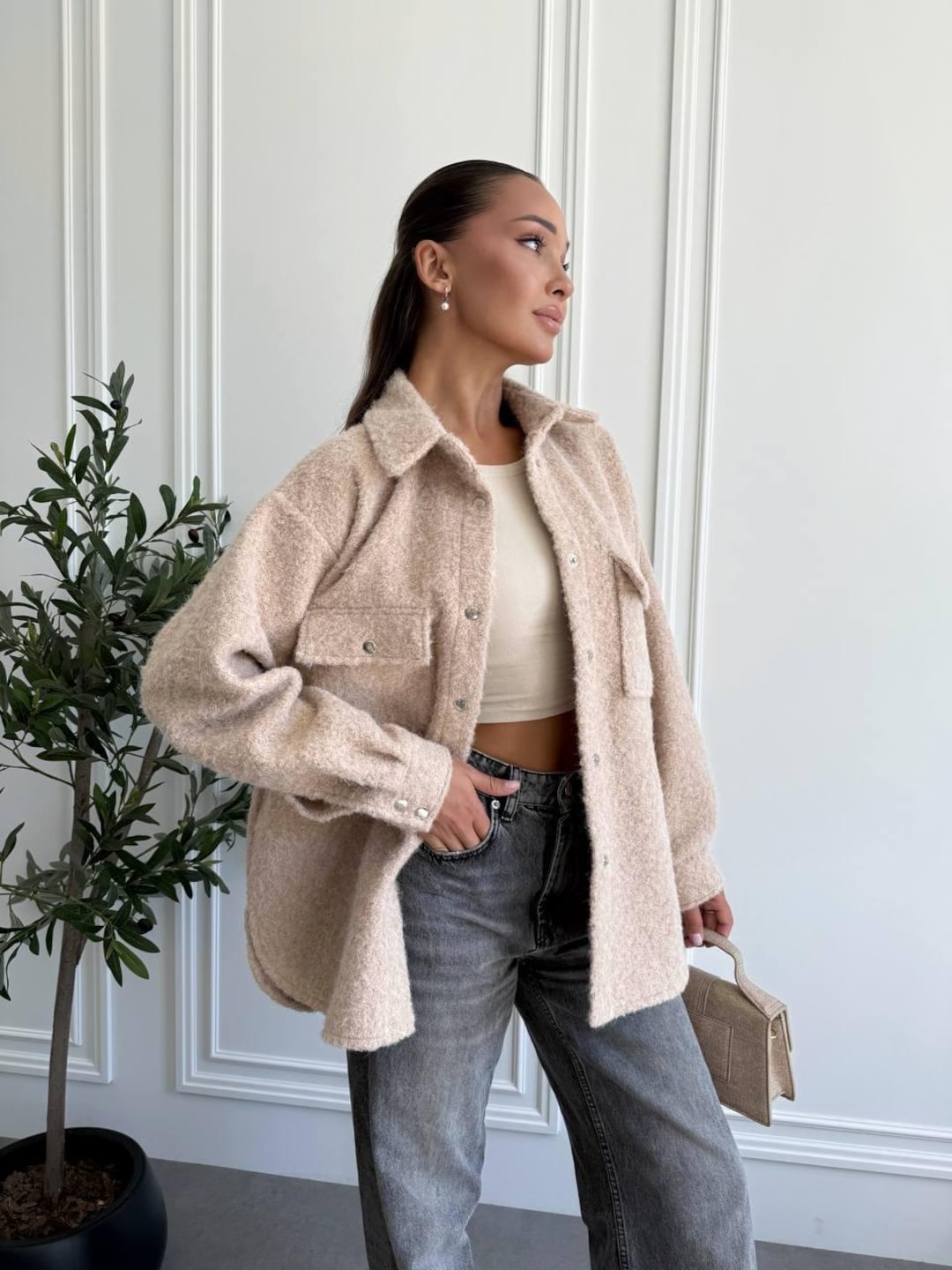 Bouclé Wool Shirt Jacket for Women | Cozy Oversized Shacket Cardigan ...