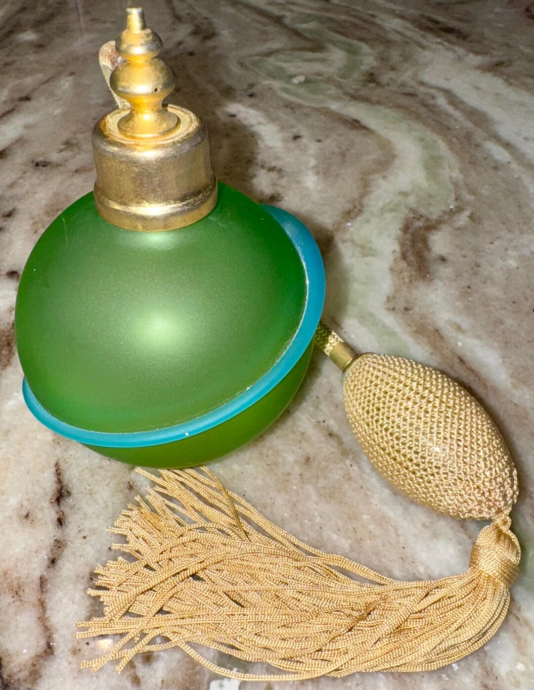 Handblown Vintage Perfume Atomizer, Green Round With Blue Raised Glass ...