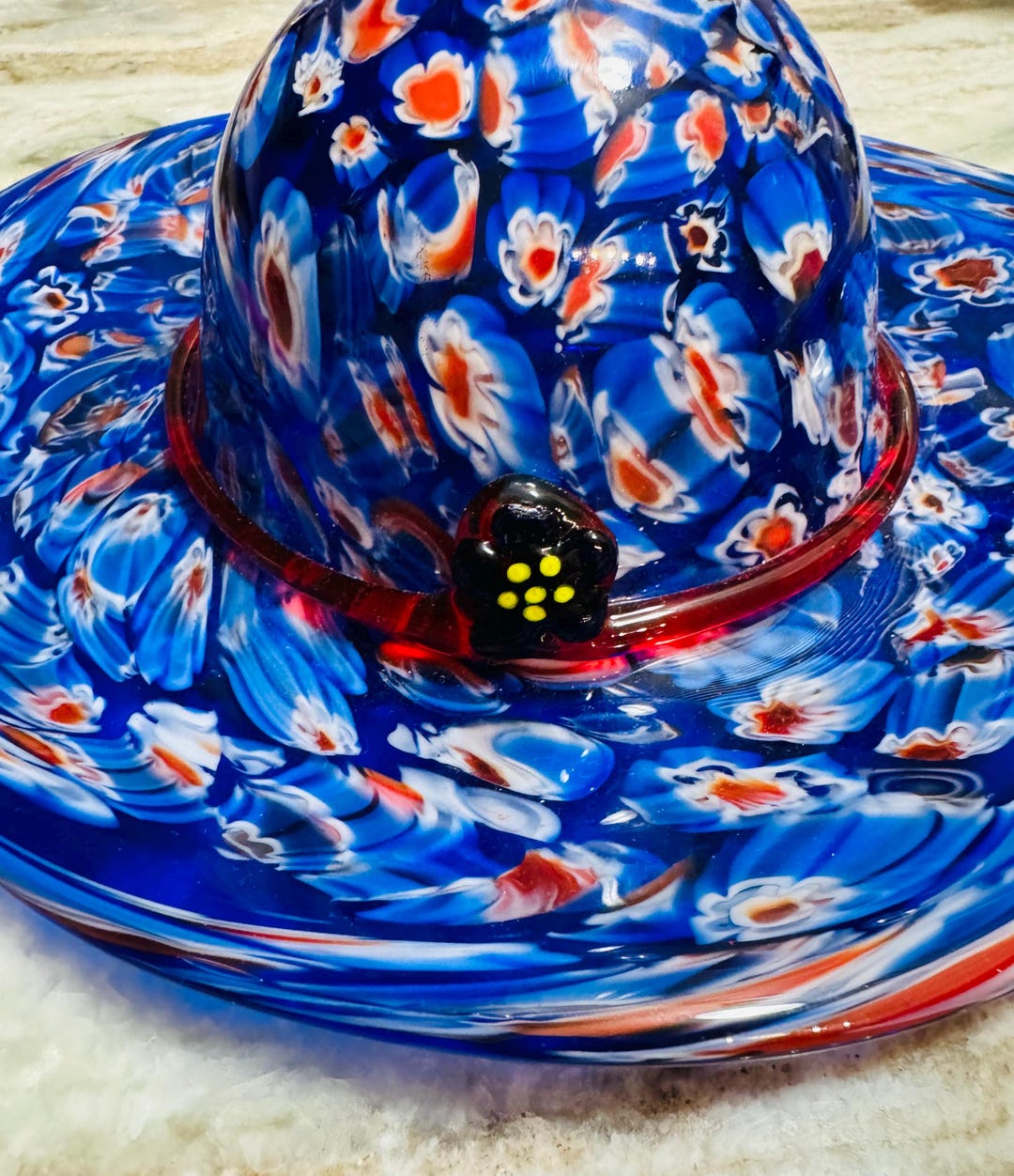 Vintage Murano Glass Millefiori Italian Art Blue Bonnet Hat With Red ...