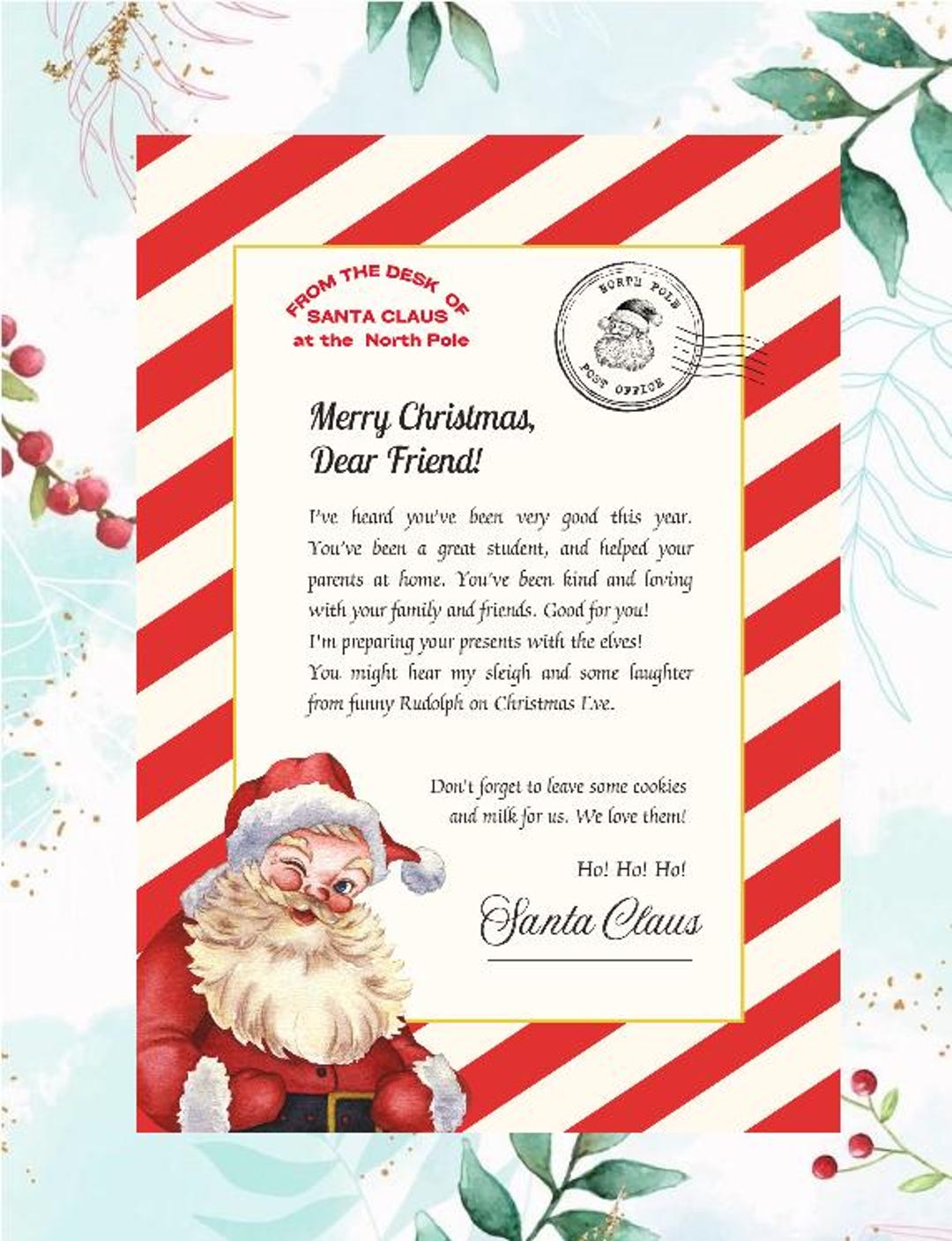 Vintage Watercolor Santa's Letter, Santa's Letter to Kids, Printable ...