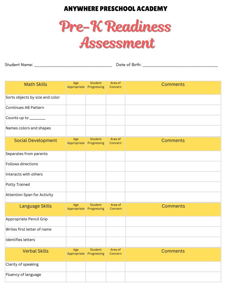 Pre-k Readiness Assessment - Etsy
