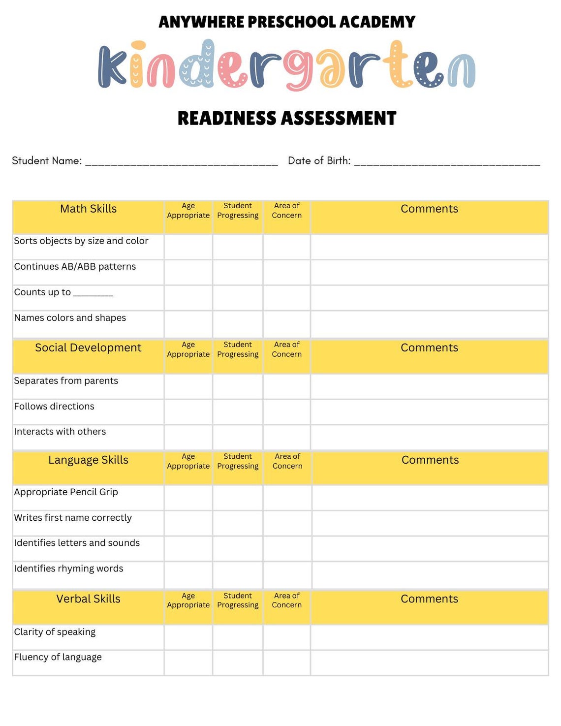 Kindergarten Readiness Assessment - Etsy