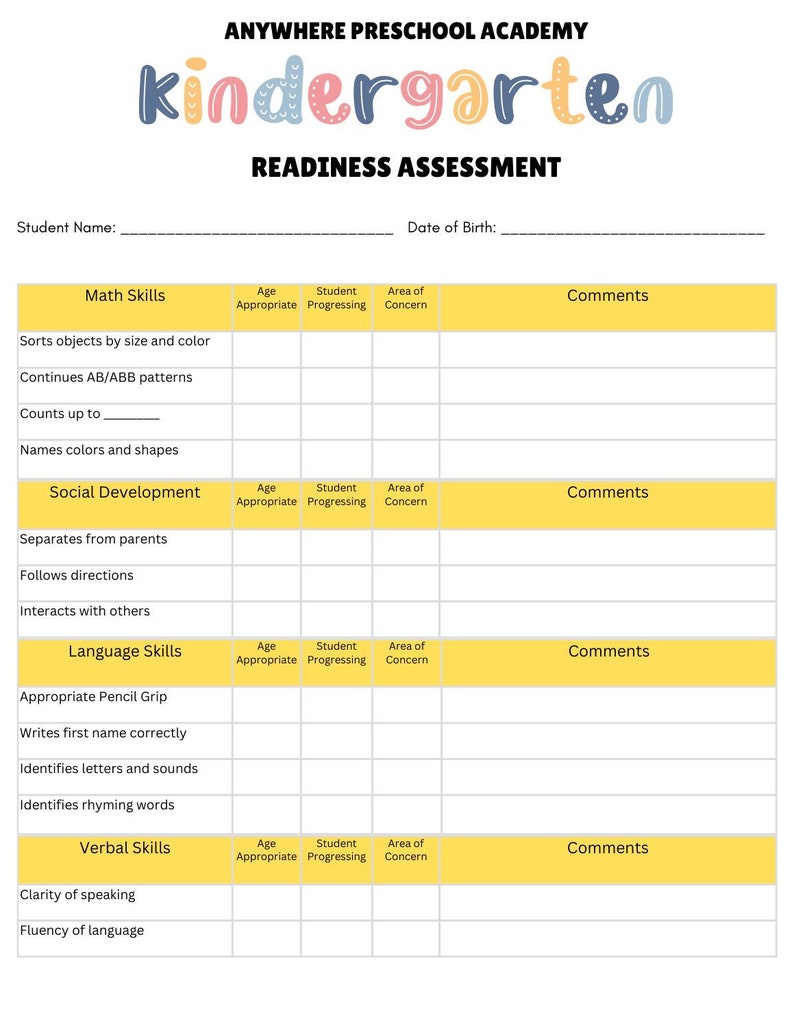 Kindergarten Readiness Assessment - Etsy