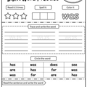 52 Dolch Kindergarten Sight Words | 2 Formats Each Word | Master Check ...