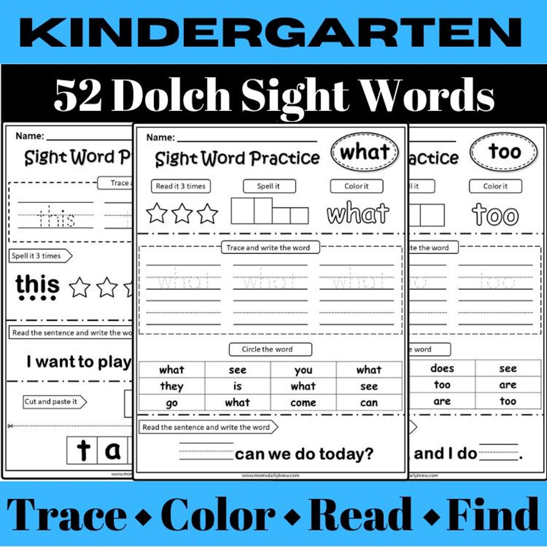 52 Dolch Kindergarten Sight Words | 2 Formats Each Word | Master Check ...