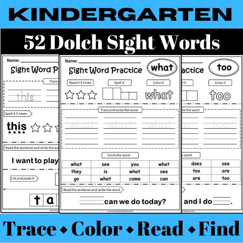 52 Dolch Kindergarten Sight Words | 2 Formats Each Word | Master Check ...