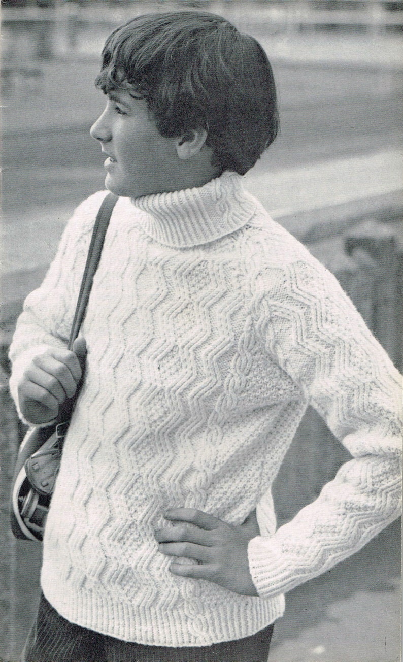 PDF Downloadable Knitting Pattern of a Boys Polo Neck Aran Sweater 60s ...