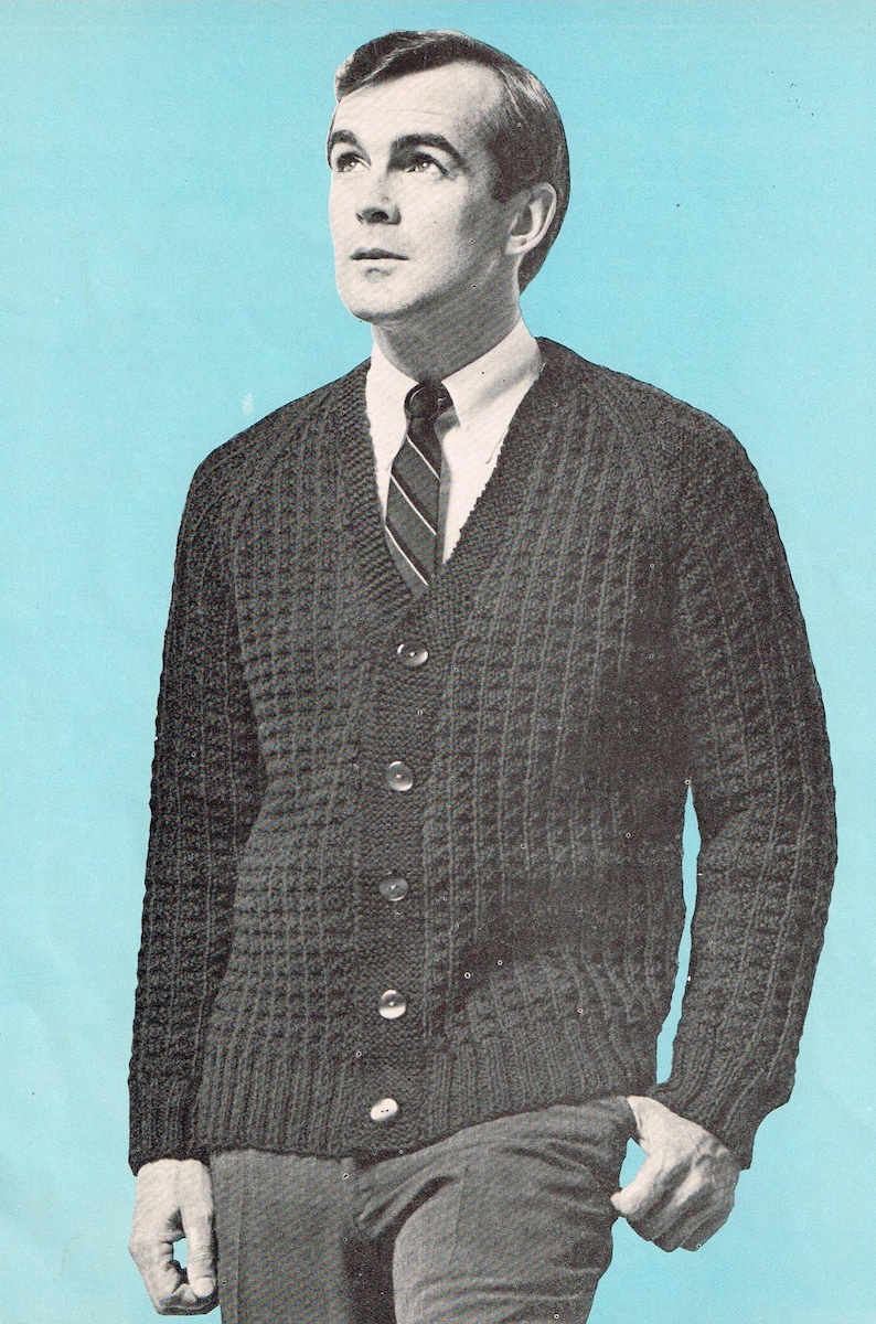 Vintage 60s Knitting Patterns Mens Raglan Sleeved Cardigan PDF Download ...