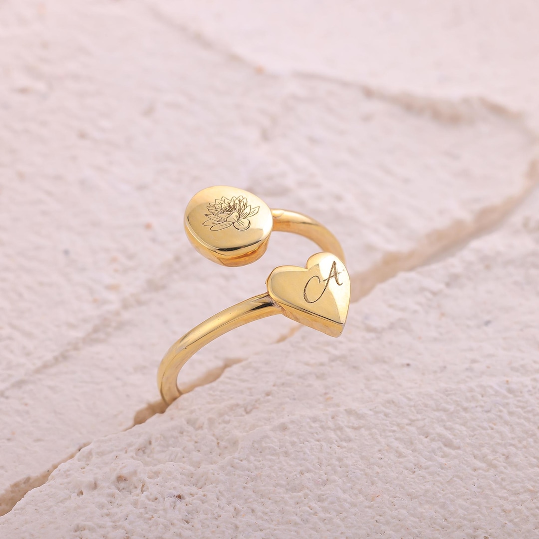 Gold Signet Initial Birth Flower Ring, Custom Ring, Birth Flower Ring ...