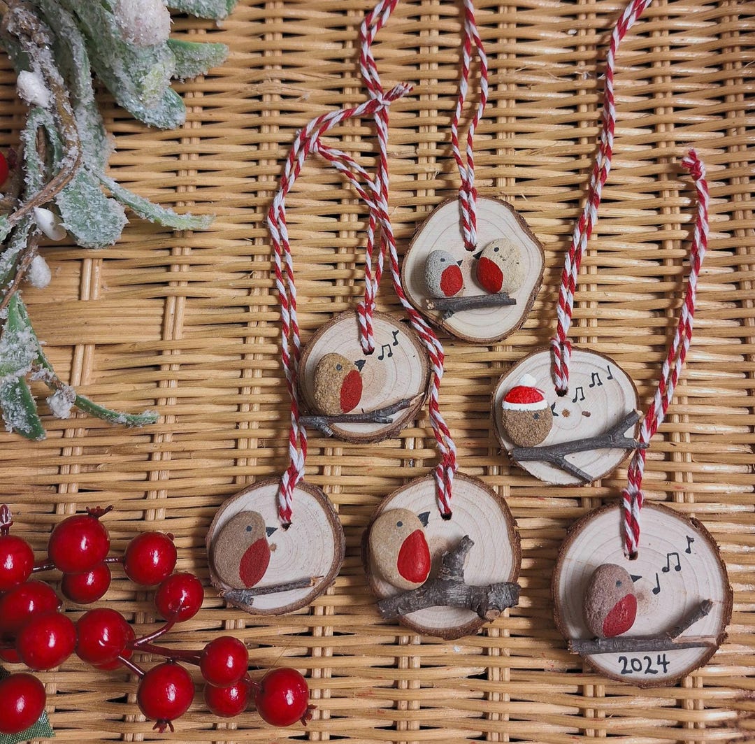 Mini Robin Pebble Art Christmas Ornaments Set of 6 - Etsy