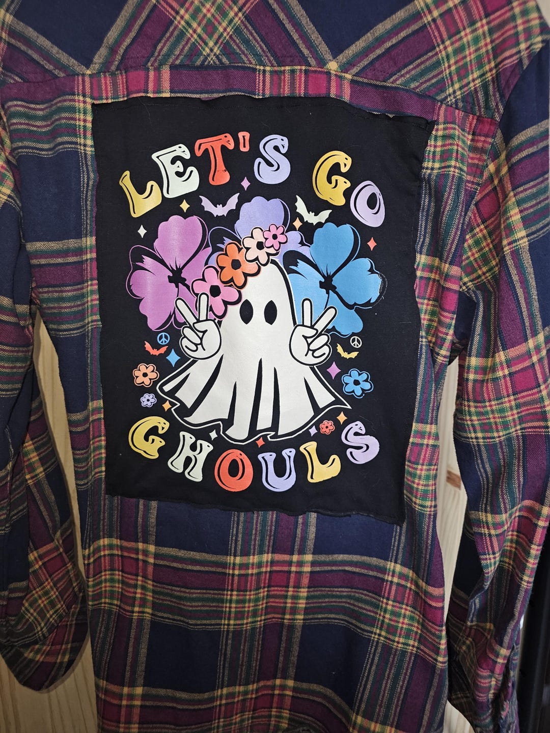 LARGE Blue/gold/burgundy Flannel Shirt With Tshirt Graphics Sewn on the ...