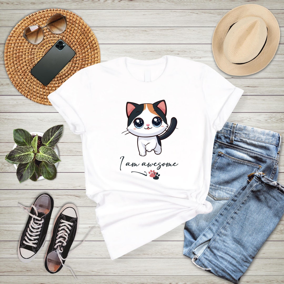 Cute Cat T-shirt , 'I Am Awesome' Cartoon Kitty Graphic Tee, Adorable ...