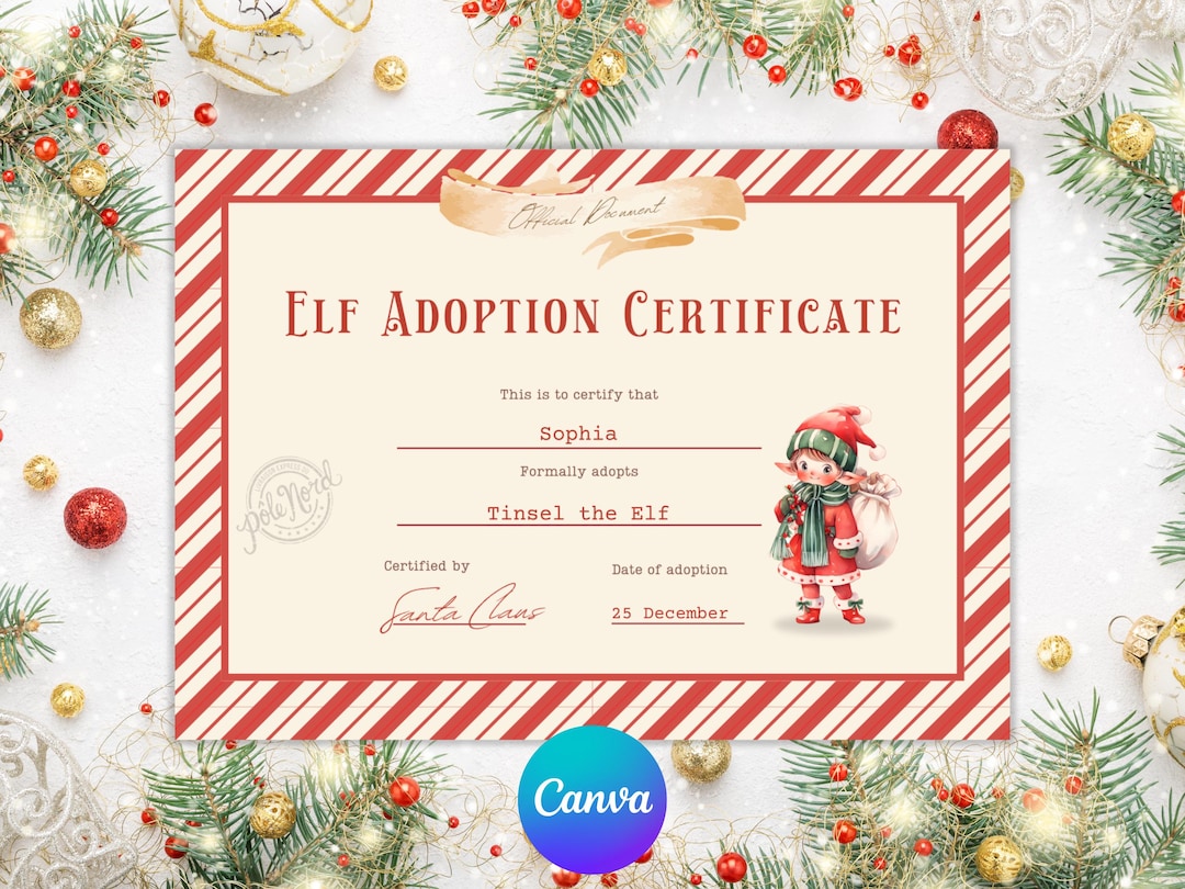 Editable Elf Adoption Certificate Christmas Canva Template Personalized ...