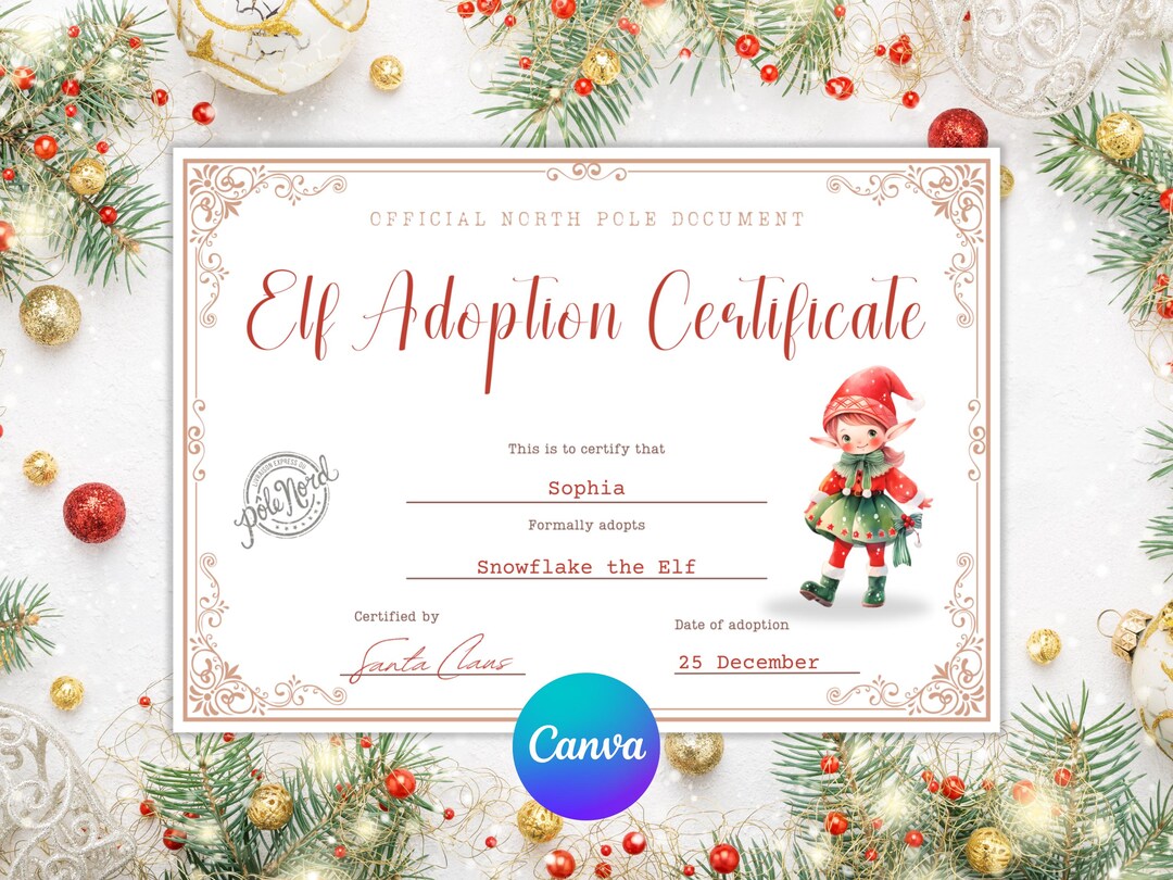 Editable Elf Adoption Certificate Christmas Canva Template Personalized ...