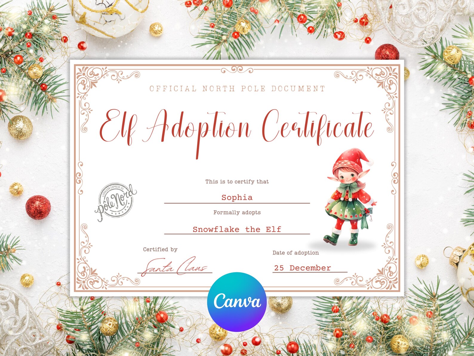 Editable Elf Adoption Certificate Christmas Canva Template Personalized ...
