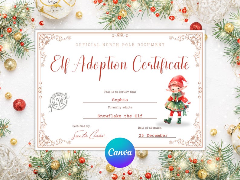 Editable Elf Adoption Certificate Christmas Canva Template Personalized ...