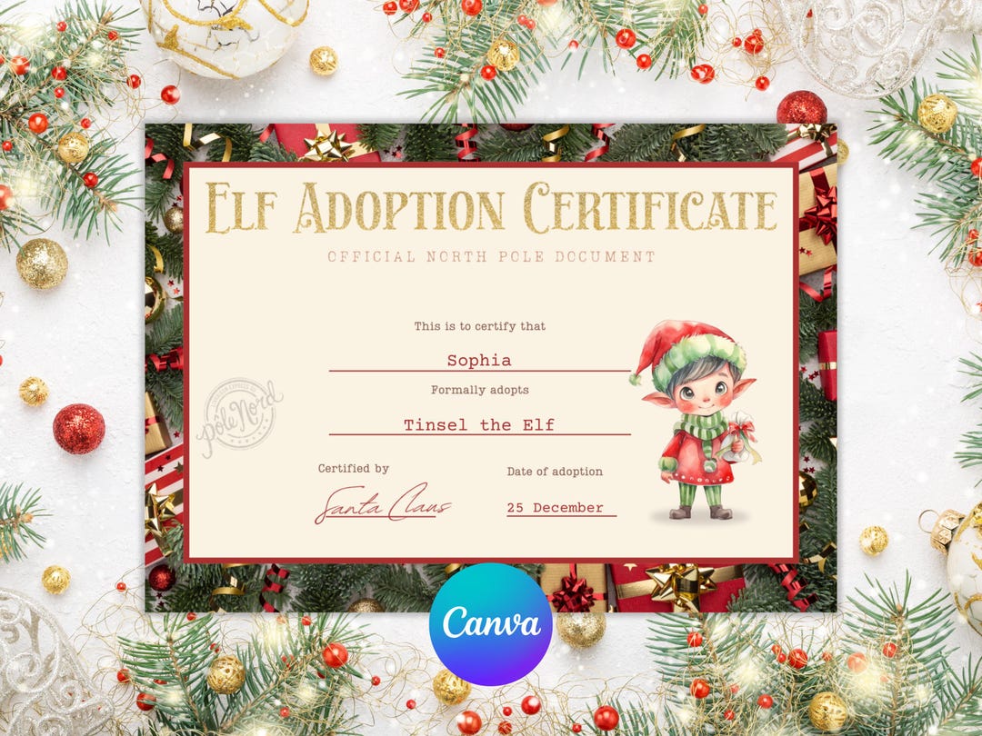 Editable Elf Adoption Certificate Christmas Canva Template Personalized ...