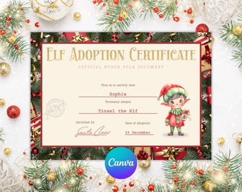 Editable Elf Adoption Certificate Christmas Canva Template Personalized ...