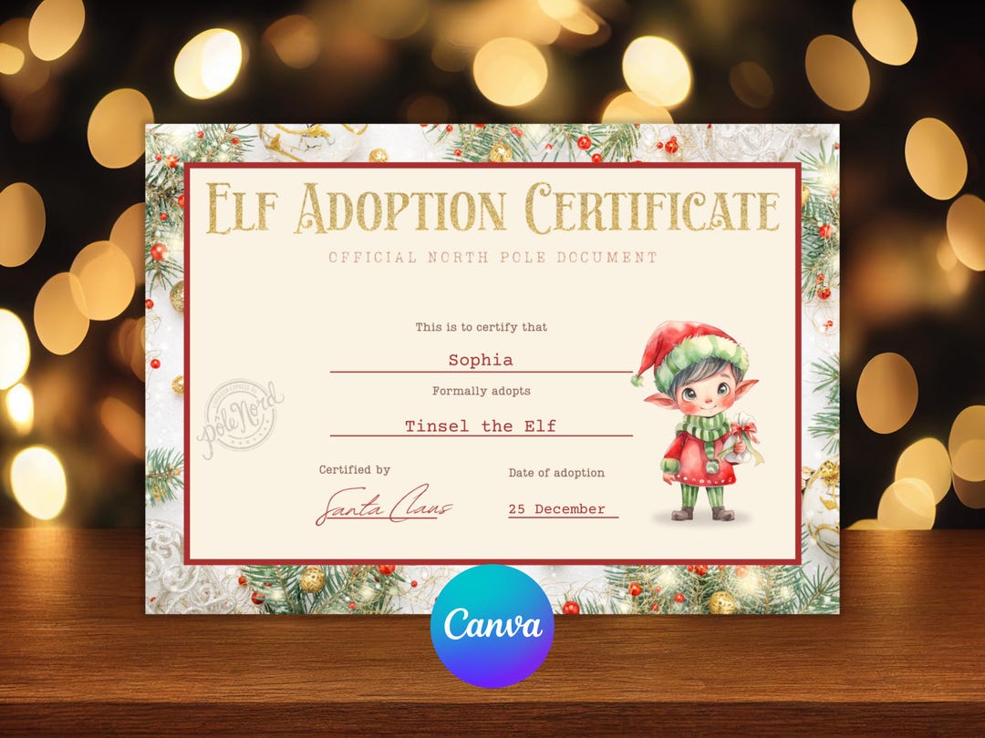 Editable Elf Adoption Certificate Christmas Canva Template Personalized ...