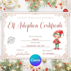 Editable Elf Adoption Certificate Christmas Canva Template Personalized ...