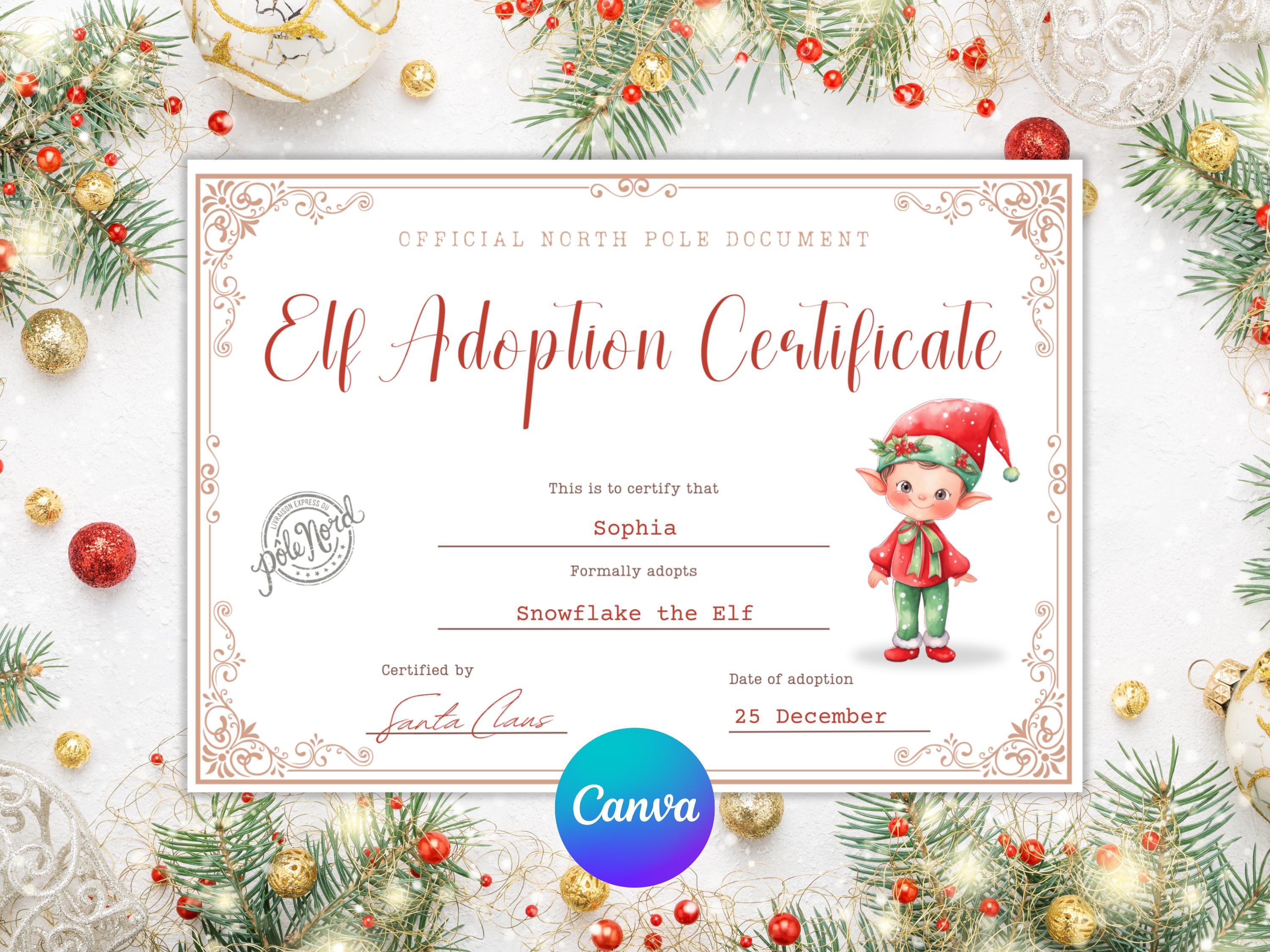 Editable Elf Adoption Certificate Christmas Canva Template Personalized ...