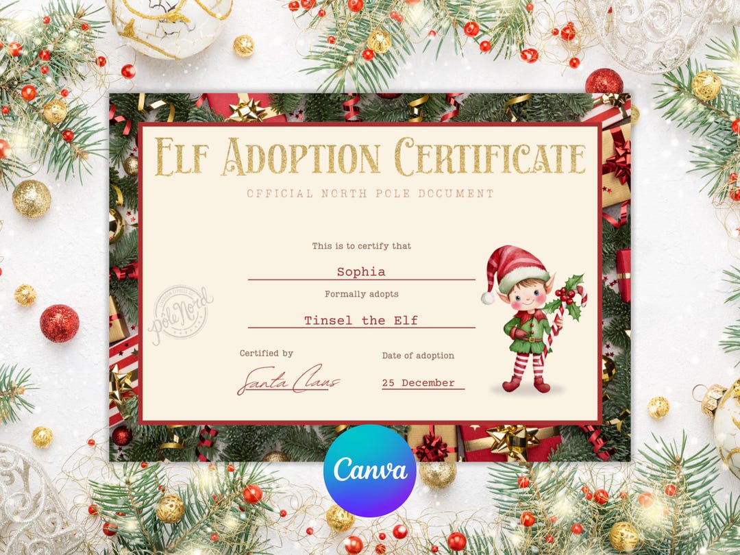 Editable Elf Adoption Certificate Christmas Canva Template Personalized ...