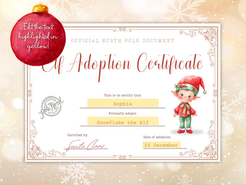 Editable Elf Adoption Certificate Christmas Canva Template Personalized ...