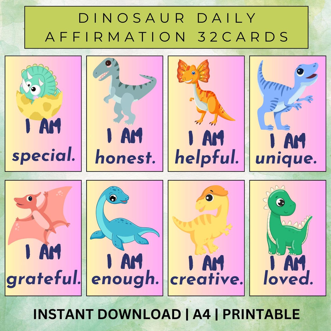 Dinosaur Positive Affirmation Cards for Kids 32 Printable Encouragement ...