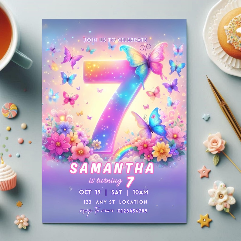 7th Birthday Girl, Editable 7th Birthday Invitation, Butterfly ...