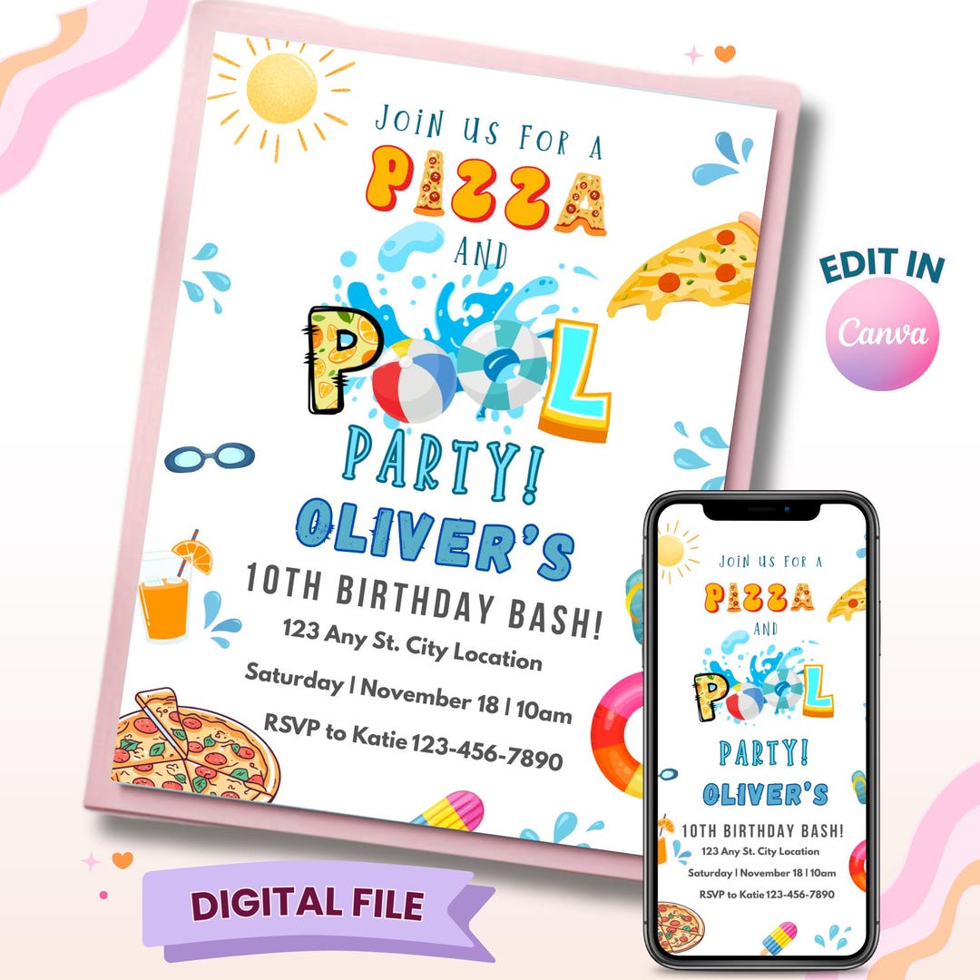 Pizza Pool Party Invitation, Swimming Party Invite, Tropical Boy ...