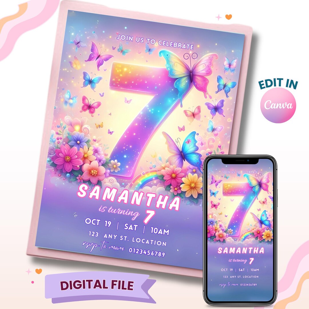 7th Birthday Girl, Editable 7th Birthday Invitation, Butterfly ...