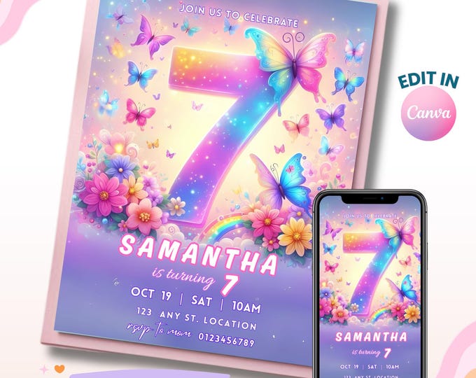 7th Birthday Girl, Editable 7th Birthday Invitation, Butterfly ...
