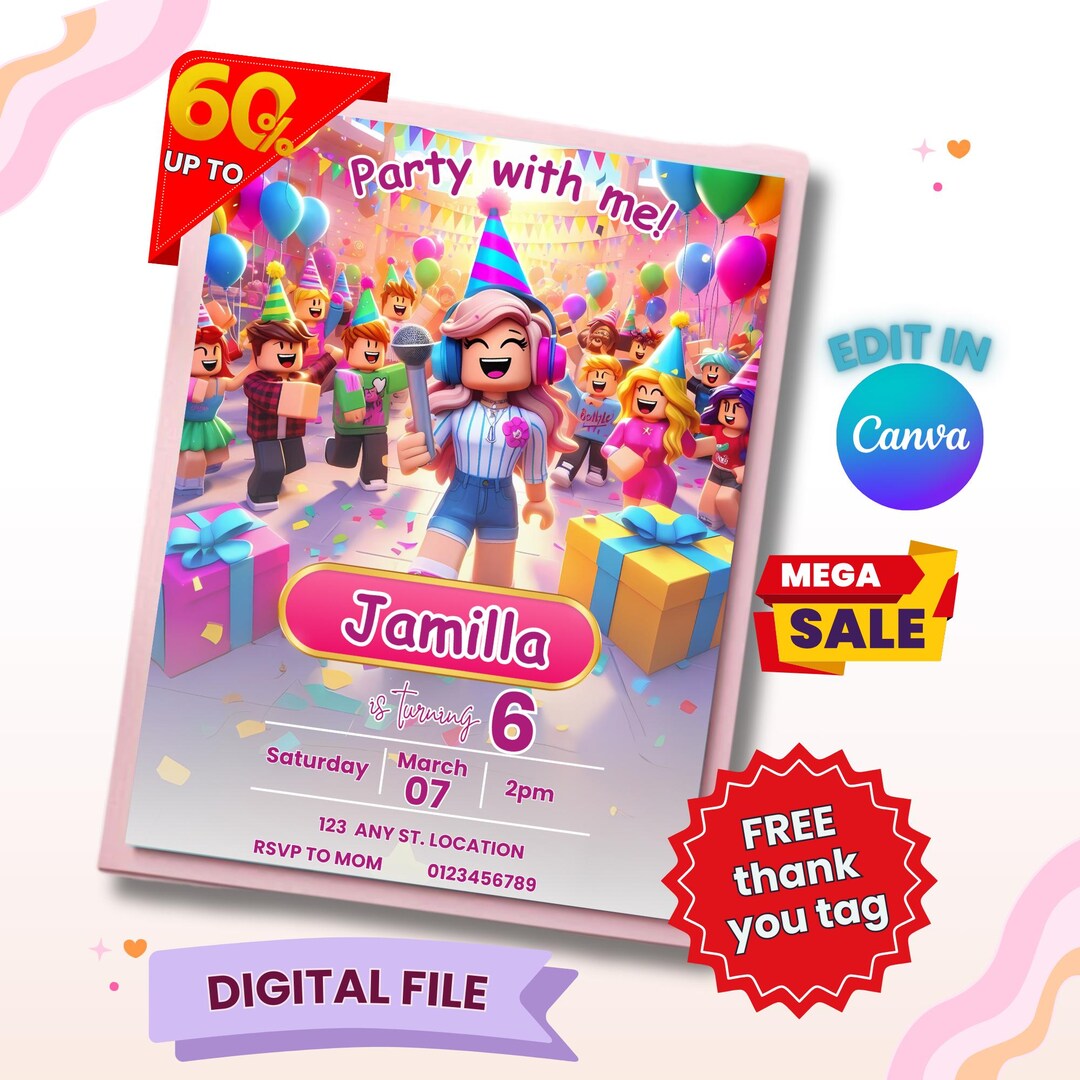 Girl Roblox Party Invite, Gamers' Birthday Invitation, Editable Roblox ...