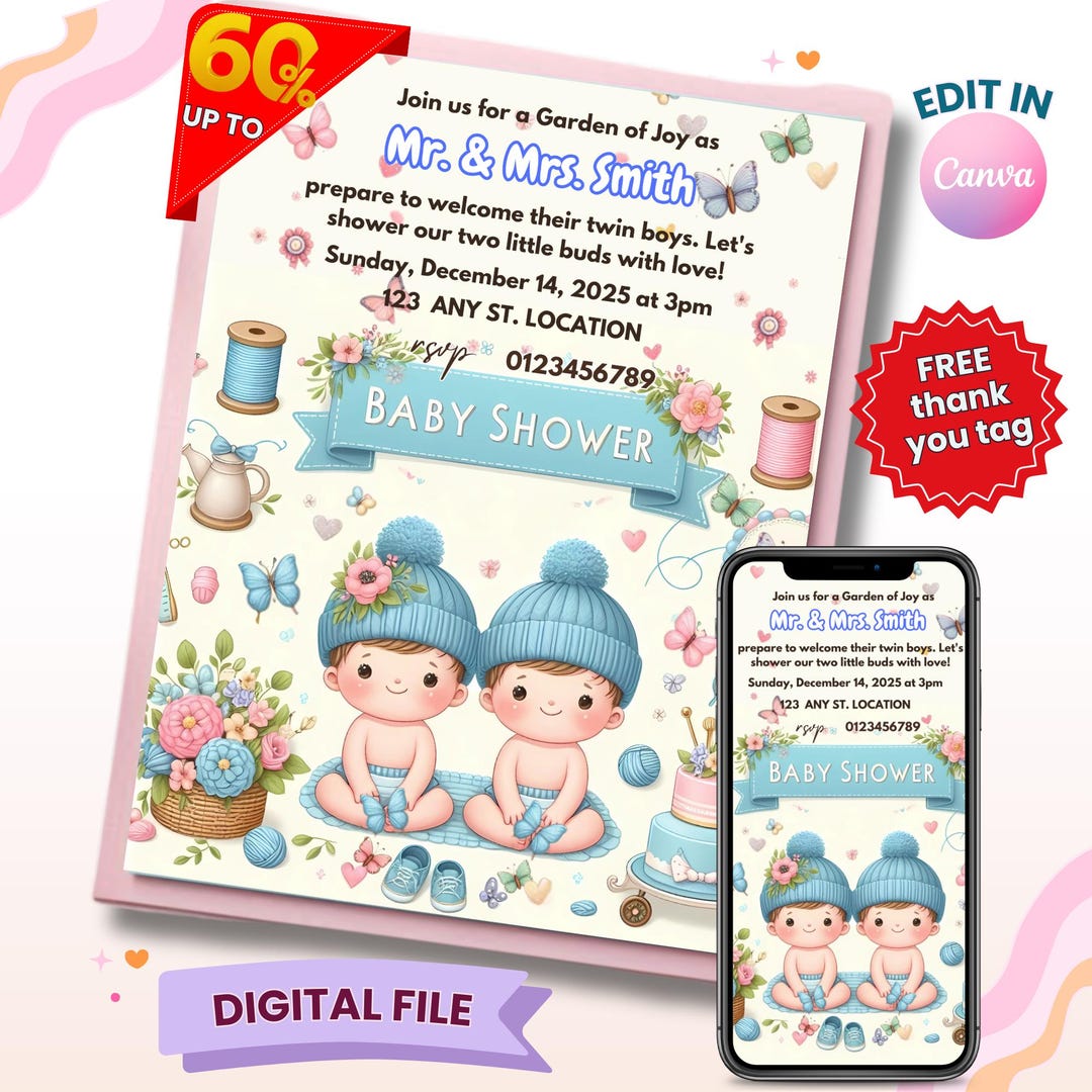 Baby Shower Twin Boys, Twin Boy Baby Shower Invitations, Twin Baby ...