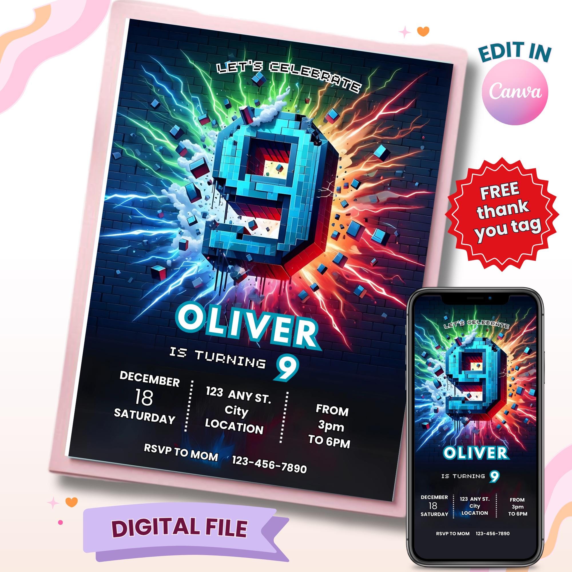 9th Birthday Boy, Editable 9th Birthday Invitation, Number 9, Boy ...