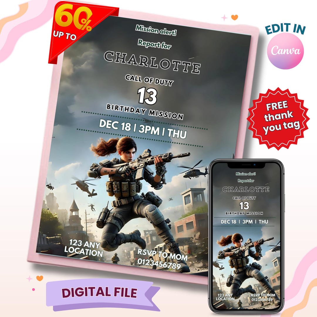 Call of Duty Party Invitation, Gamer Girl Invitation, Army Invitation ...