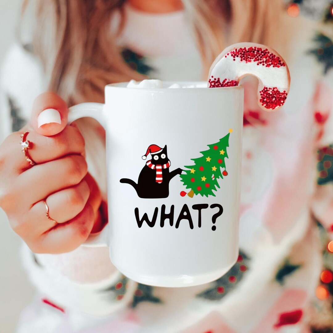 Funny Cat Christmas What? Coffee Mug Christmas Tree Knocked Over Cup ...