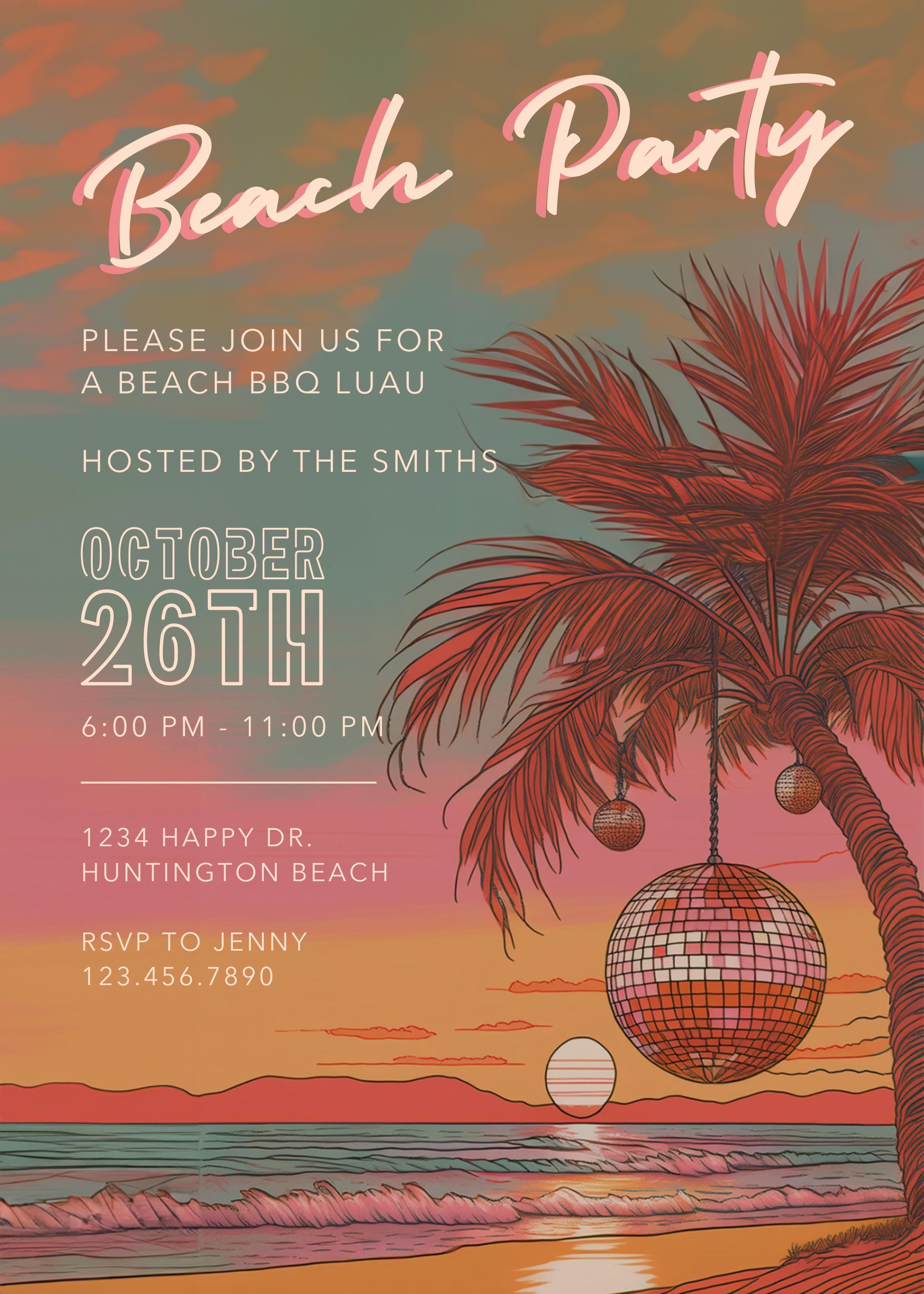 Customizable Disco Ball Beach Luau BBQ Party Invitation - 4x6 a 5x7 - Etsy
