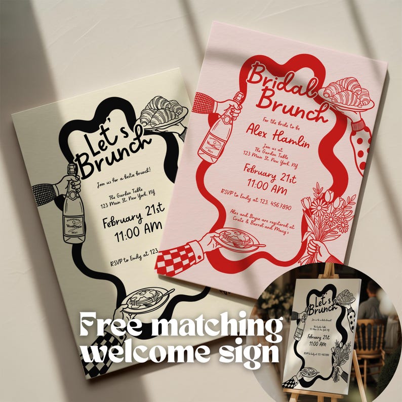 Hand-drawn Bridal Shower Brunch Invitation & Welcome Sign Templates - Etsy