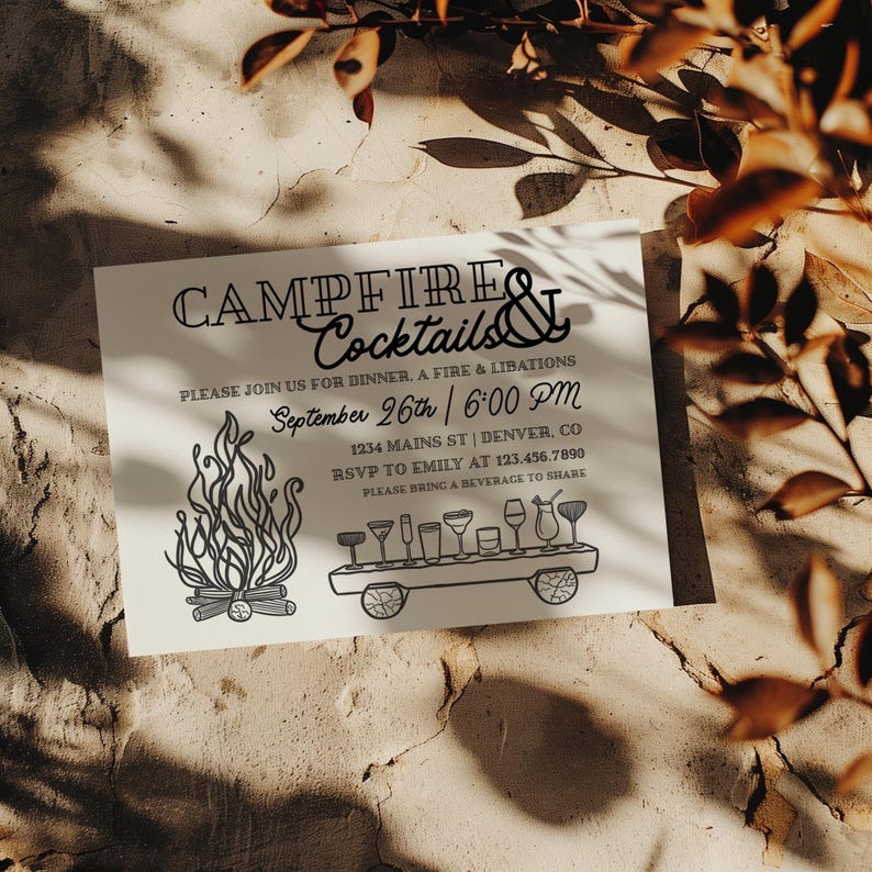 Campfire & Cocktails Invitation Template | Fall Party Invite | Rustic ...