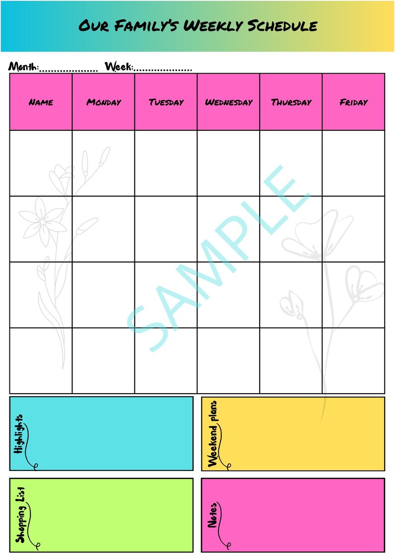 Weekly Family Activity Planner - Bright Design, Portrait - Etsy
