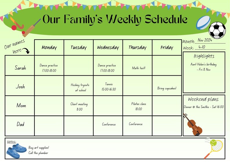 Weekly Family Activity Planner Sport Activites Design - Etsy