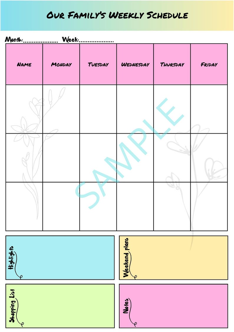 Weekly Family Activity Planner - Bright Design, Portrait - Etsy
