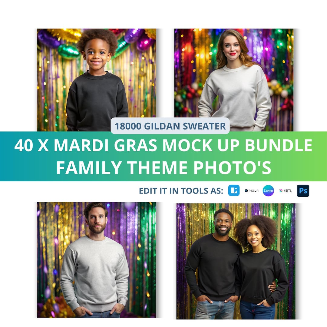 Mardi Gras Mock up Bundle, Black Gildan Sweater and White Gildan ...