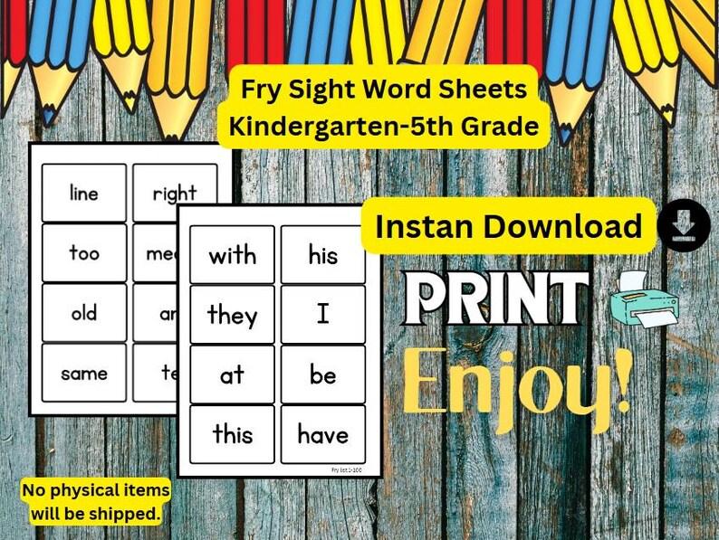 Printable 600 FRY SIGHT WORDS, 78 Sheets of Kindergarten to 5th Grade ...