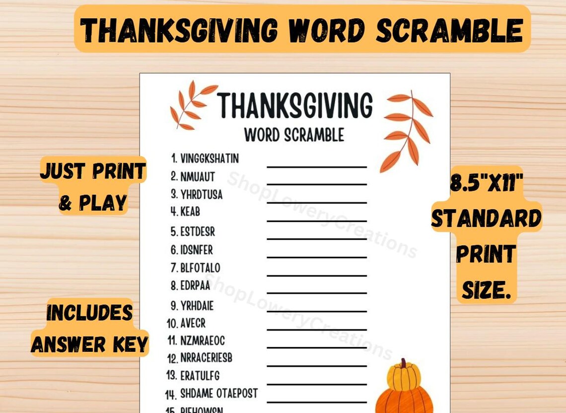 Printable THANKSGIVING Themed WORD SCRAMBLE Game, Fall Word Scramble ...