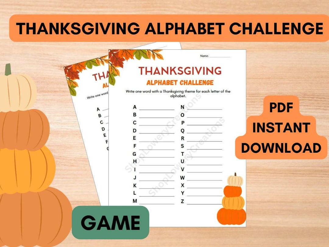 Printable THANKSGIVING ALPHABET GAME, Thanksgiving Alphabet Challenge ...