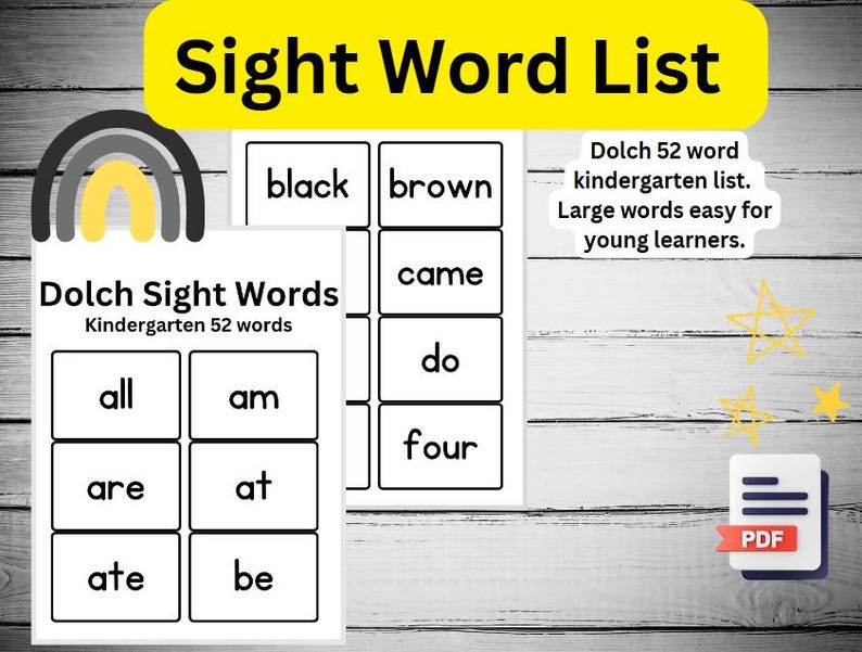 Dolch SIGHT WORDS Kindergarten 52-word List, Good for Homeschooling ...